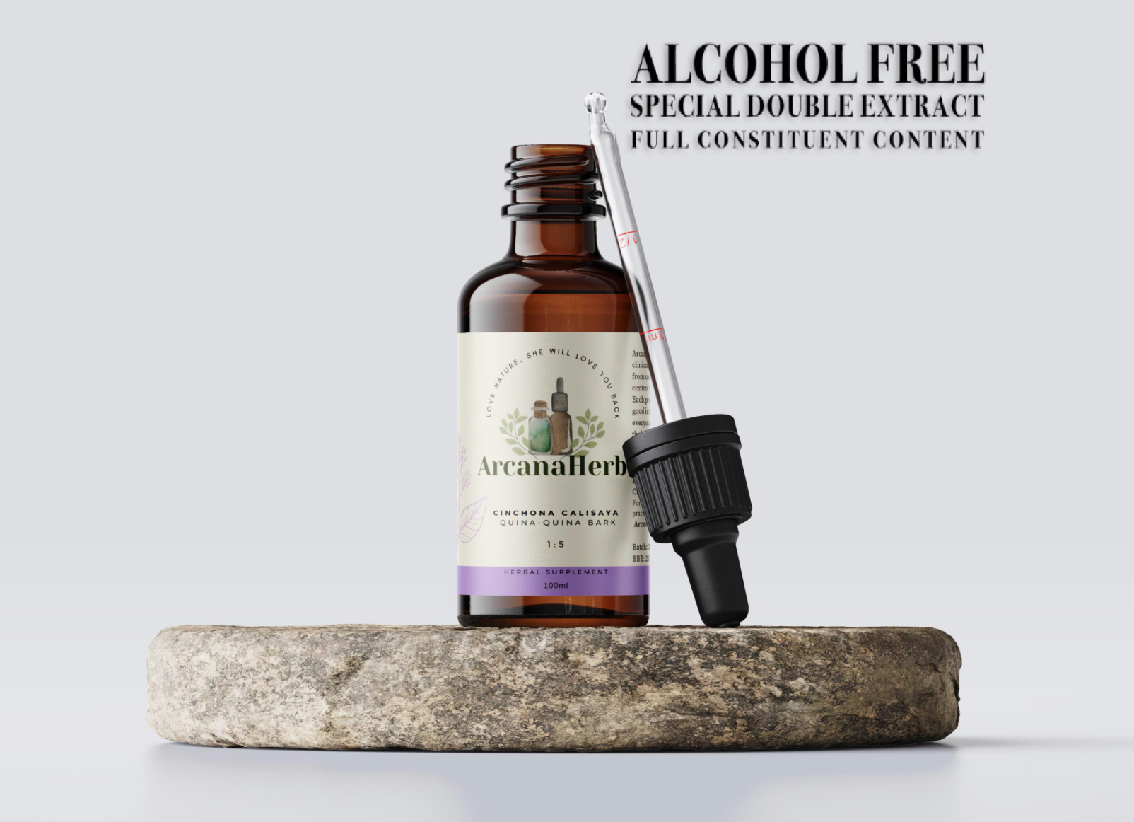 non alcoholic, Alcohol free .Quinine tincture. Cinchona bark. Quina Qu ...